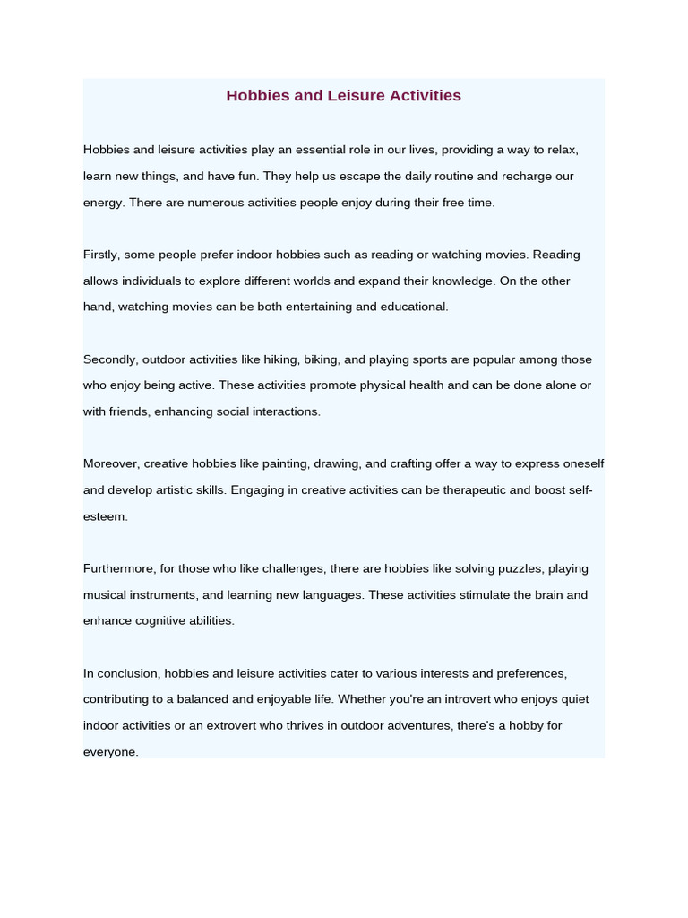 Hobbies and Leisure Activities. | PDF | Hobbies | Extraversion And ...