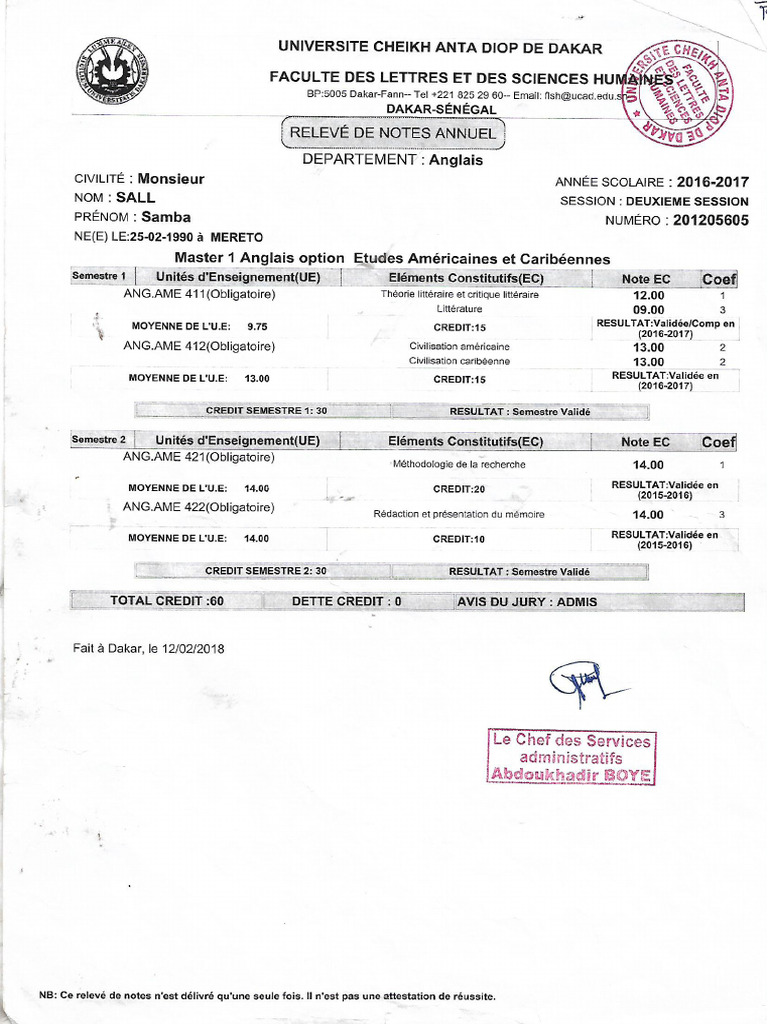 Releve de Note Master 1 | PDF