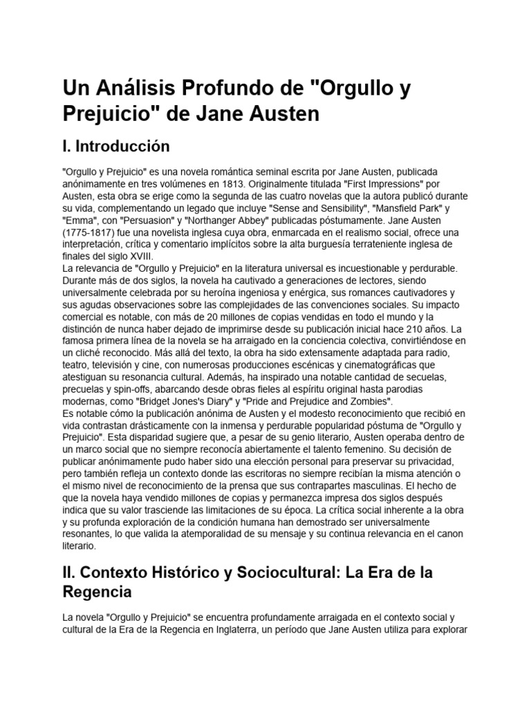 Análisis de "Orgullo y Prejuicio" de Austen | PDF | Jane Austen ...