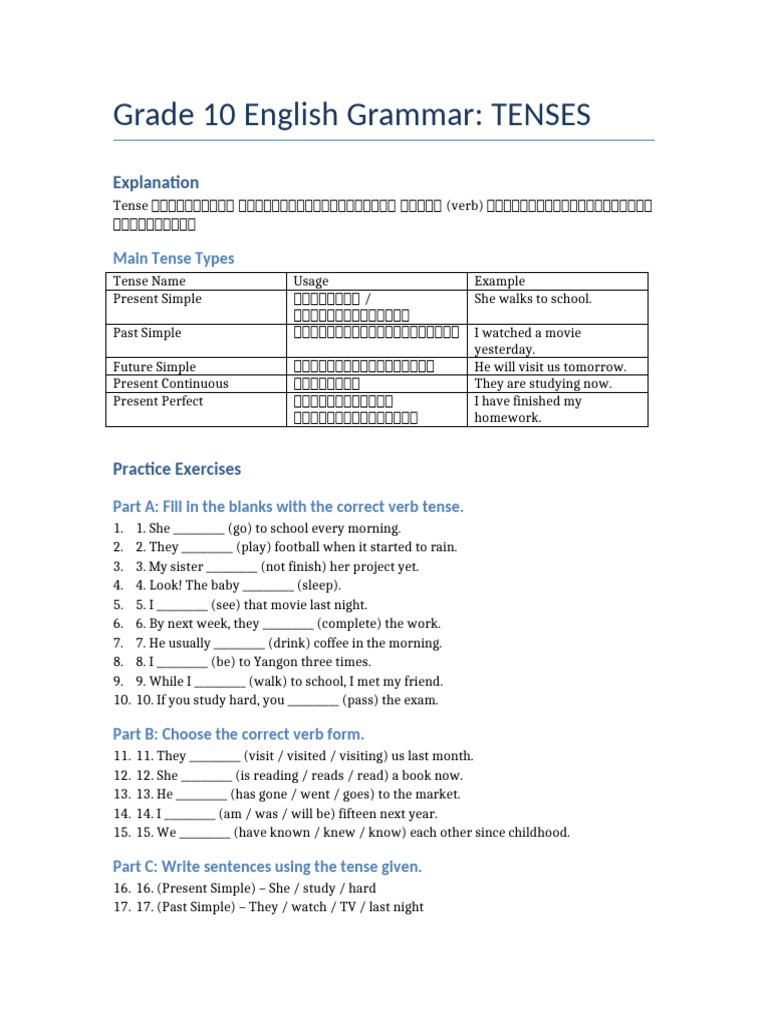 Grade10 Grammar Tenses Worksheet | PDF