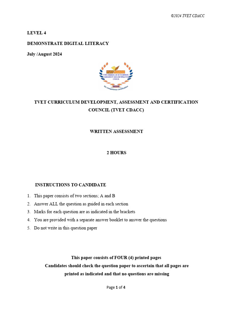 Digital Literacy Assessment Paper 2024 | PDF | Microsoft Excel ...