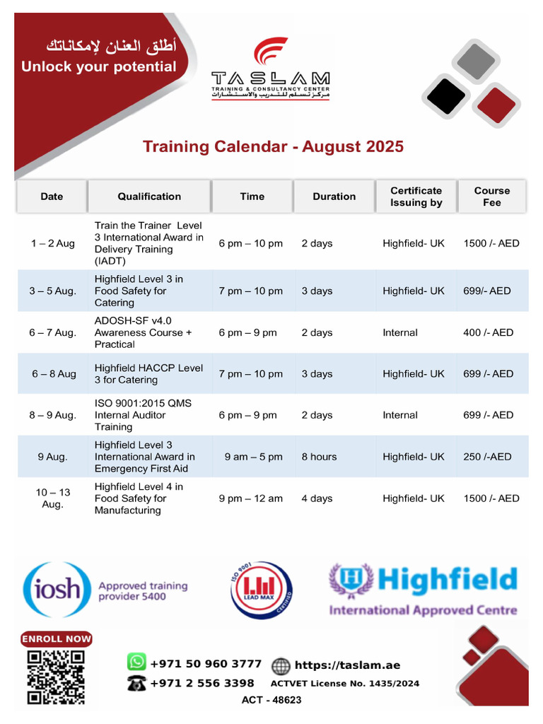 Taslam Training Center - Training Calendar of Aug.2025 | PDF
