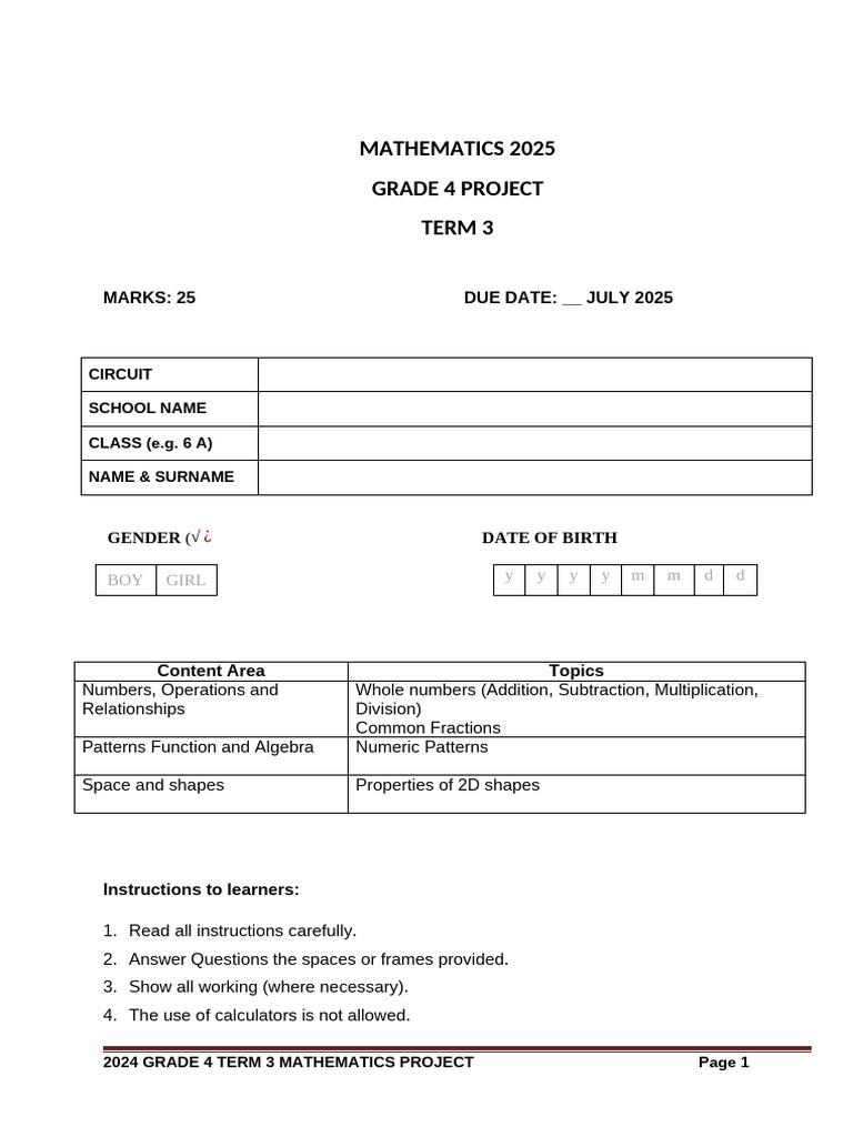 Grade 4 Term 3 Maths Project Guide | PDF | Mathematics | Elementary ...