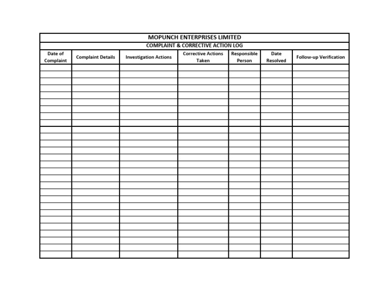 Complaint and Corrective Action Log | PDF