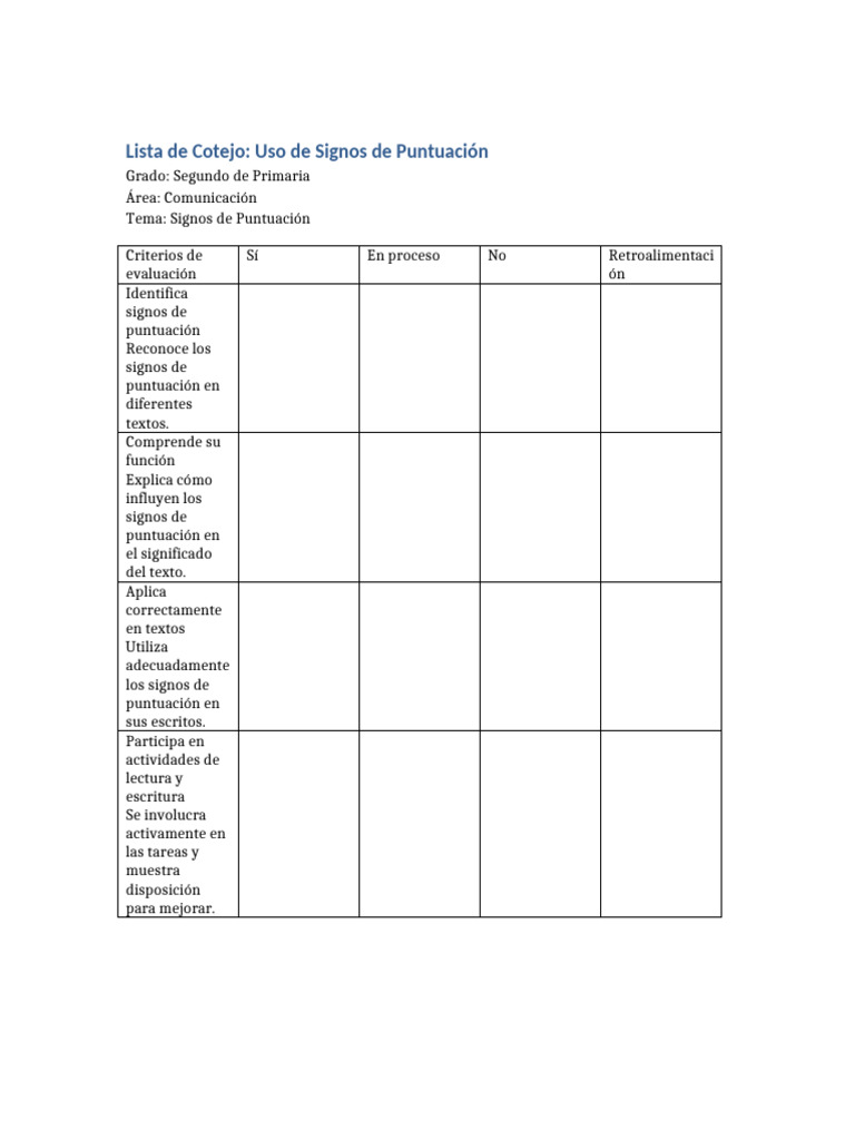 Lista Cotejo Signos Puntuacion 2dogrado | PDF