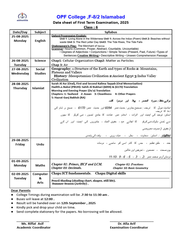 Class 6 Date Sheet For First Term, 25 | PDF | Linguistics | Grammar