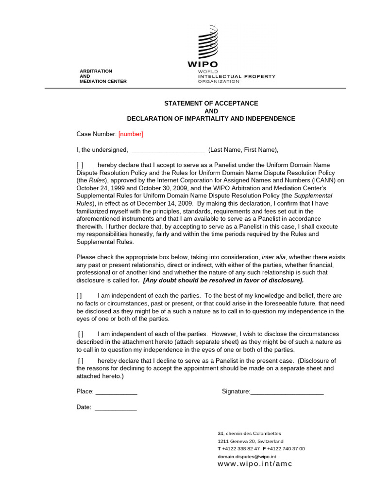 WIPO Panelist Statement Panel Eudrp | PDF | Dispute Resolution | Justice