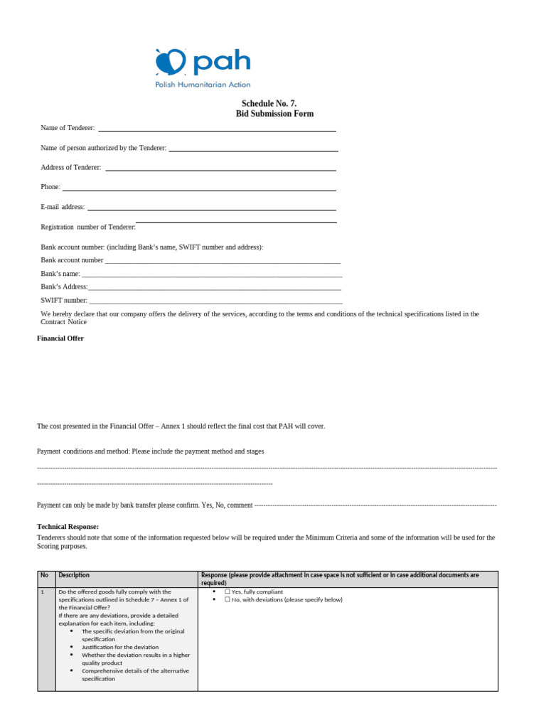 Schedule 7 Bid Submission Form PRF 145 | PDF | Waste Management | Waste