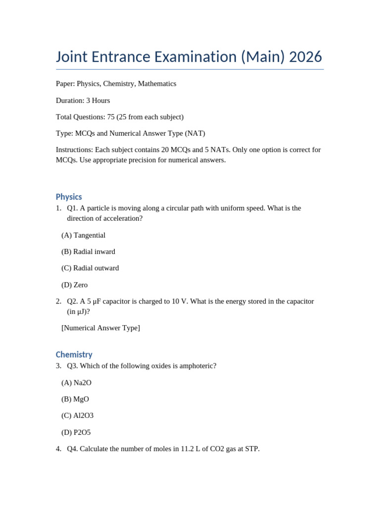 JEE Mains 2026 Official QuestionPaper Partial | PDF