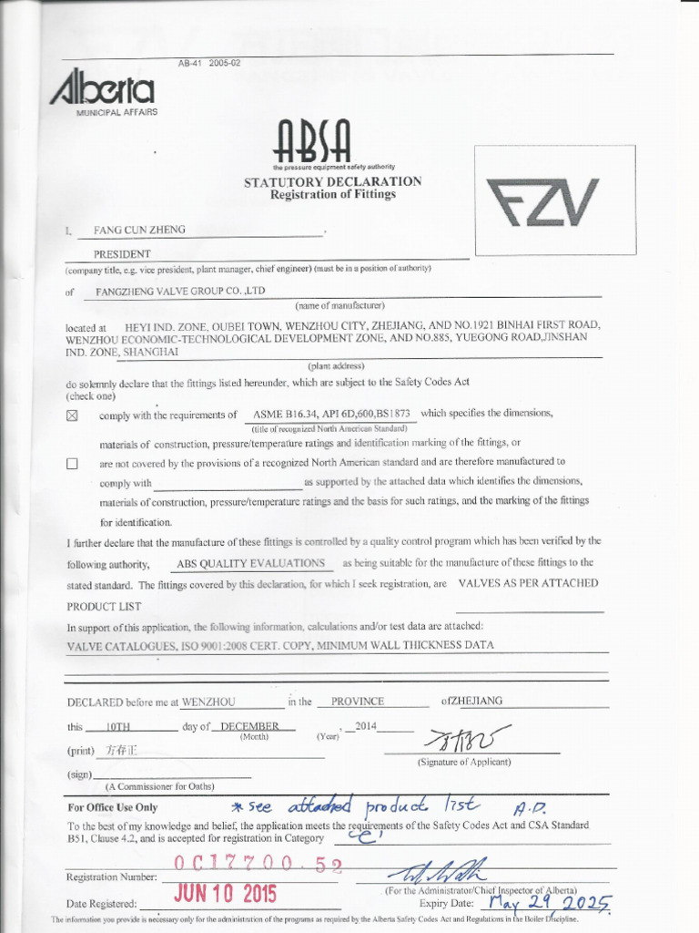 FZV Fangzheng Valve Group Co. LTD Multiple VLV Type CRN Ab 0c17700.52 ...