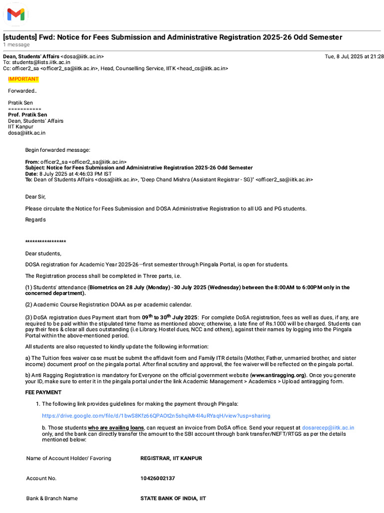 Fees Submission Notice 2025-26 | PDF