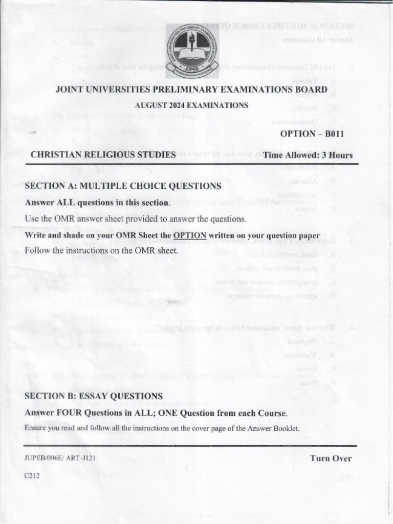 Jupeb CRS 2024 Past Questions | PDF
