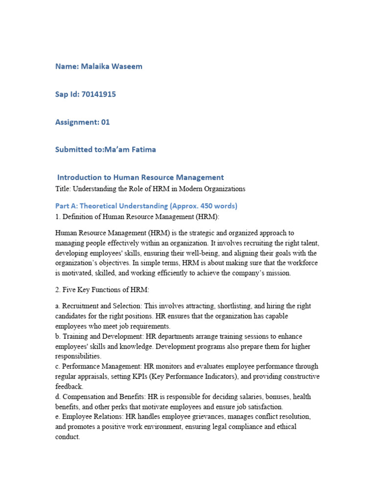 HRM Assignment 1 Malaika | PDF | Human Resource Management | Employment
