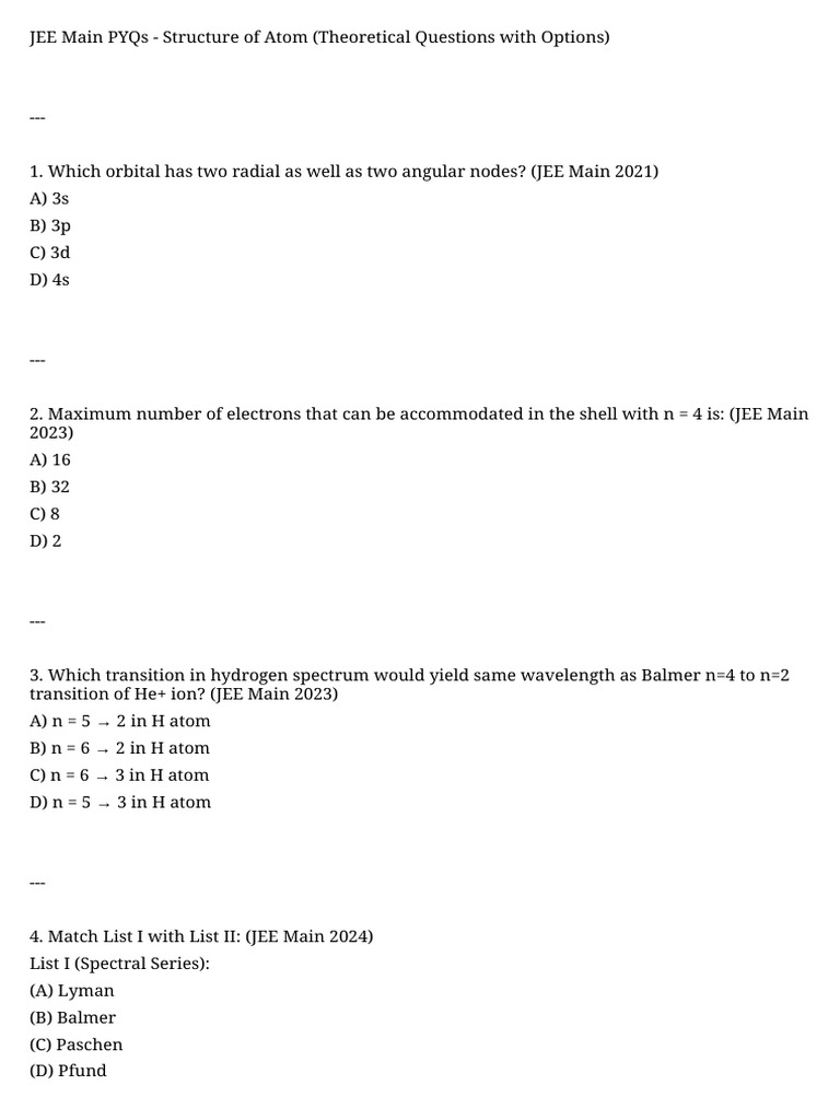 JEE Main PYQs on Atomic Structure | PDF | Photoelectric Effect | Atomic ...