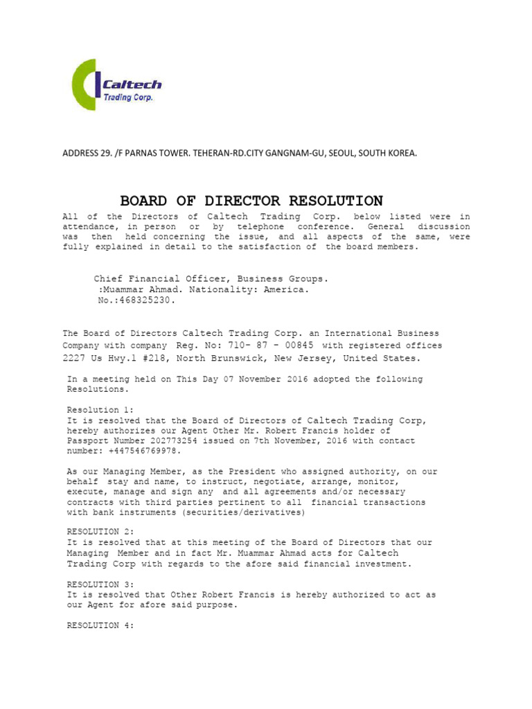 Board OF Director Resolution: Address 29. /F Parnas Tower. Teheran-Rd ...