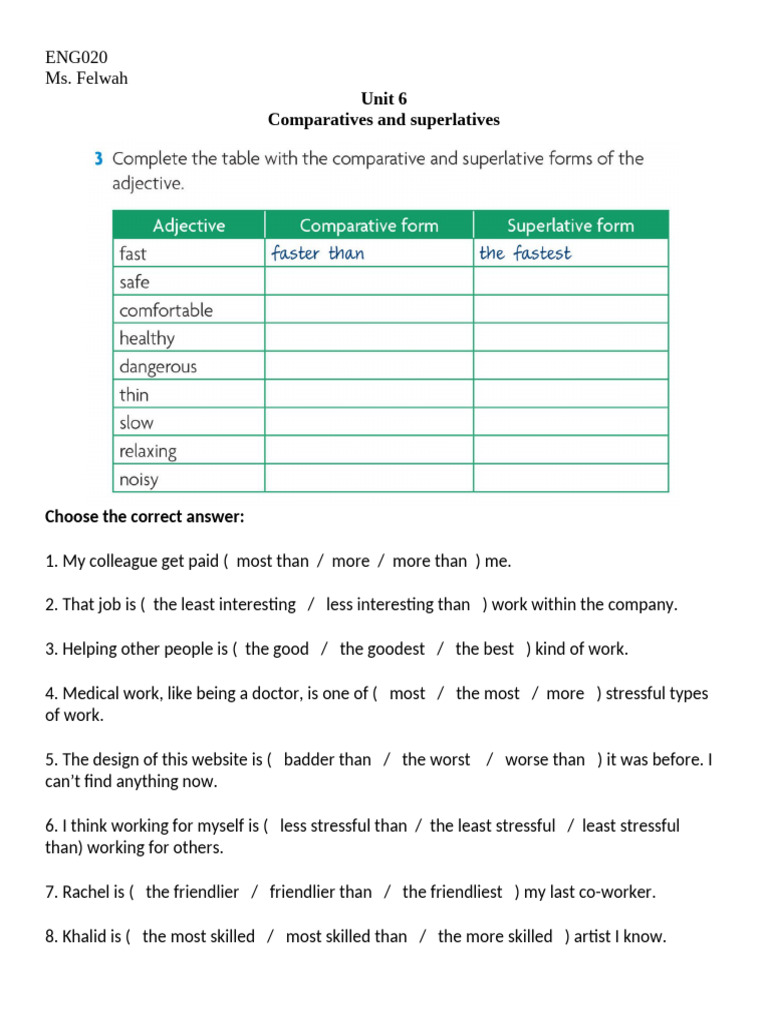 Unit 6 - Comparatives and Superlatives Worksheet ...