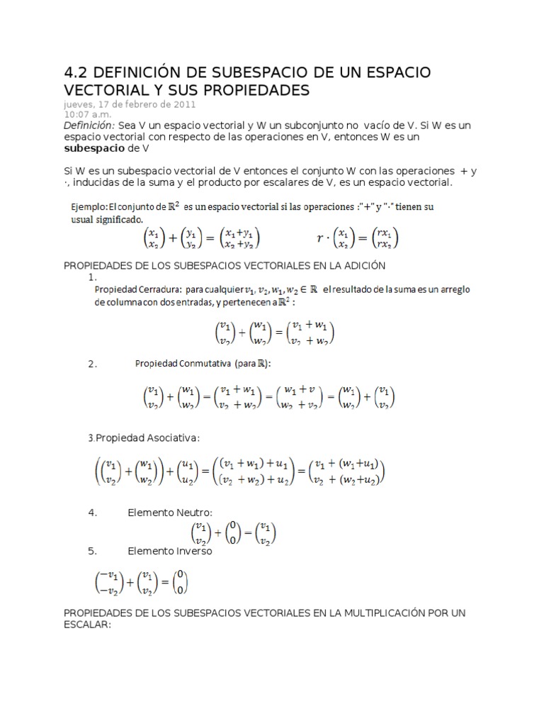 4.2 Definición de Subespacio de Un Espacio Vectorial y Sus Propiedades ...