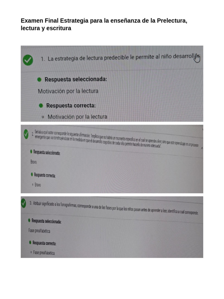 Examen Final Estrategia para La Enseñanza de La Prelectura, Lectura y ...