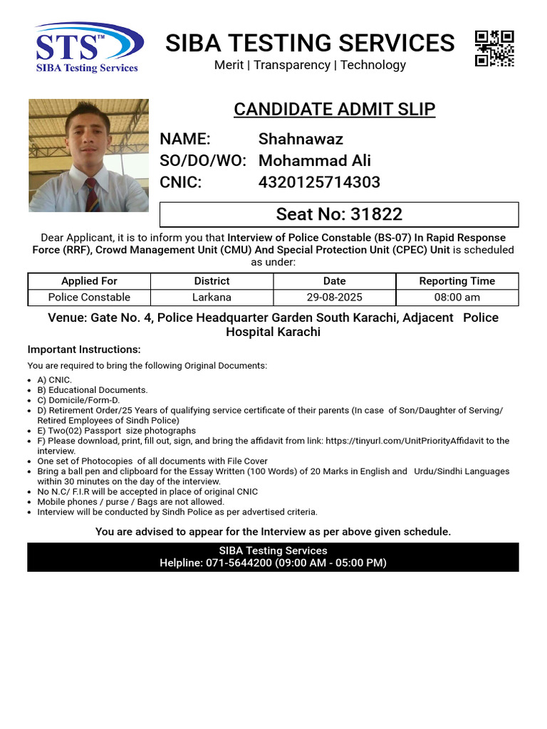 Siba Testing Services: Candidate Admit Slip | PDF