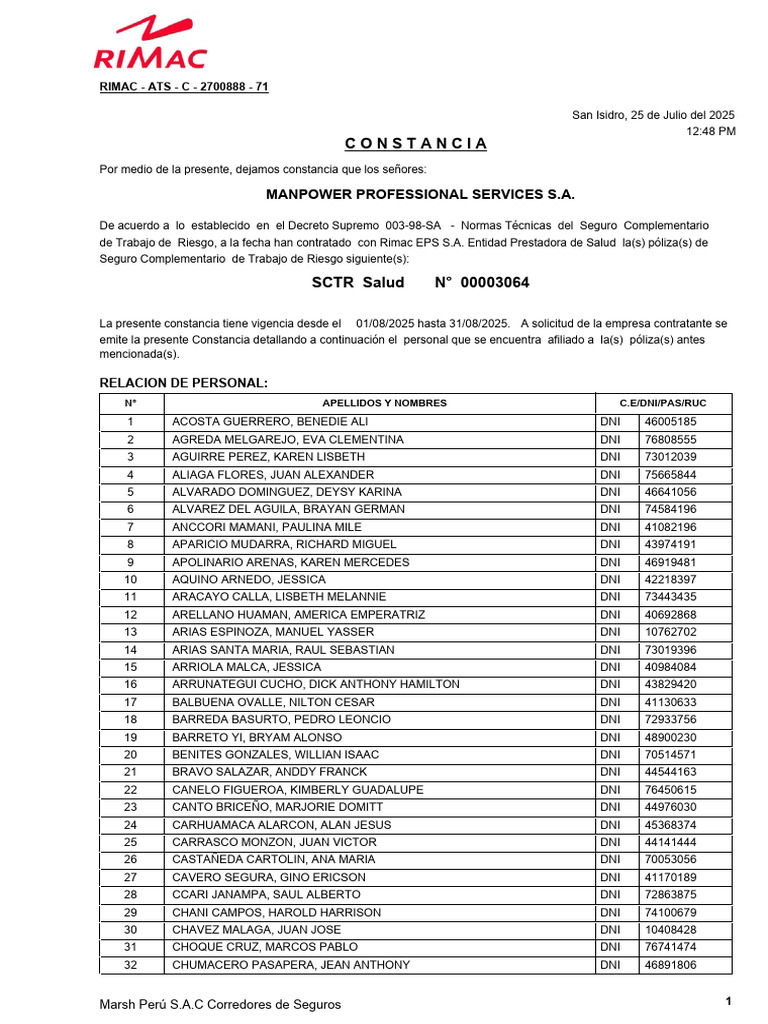 SCTR Salud Nestlé Corporativo - Agosto 2025 | PDF