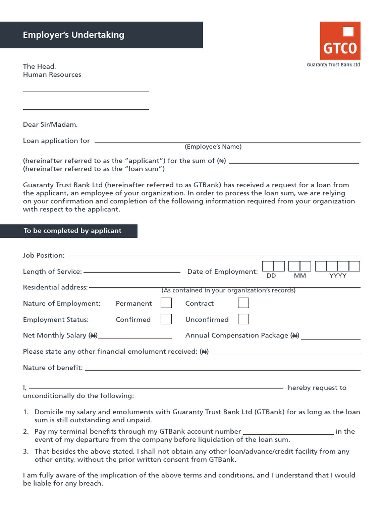 Employer Undertaking Form | PDF | Employment | Loans