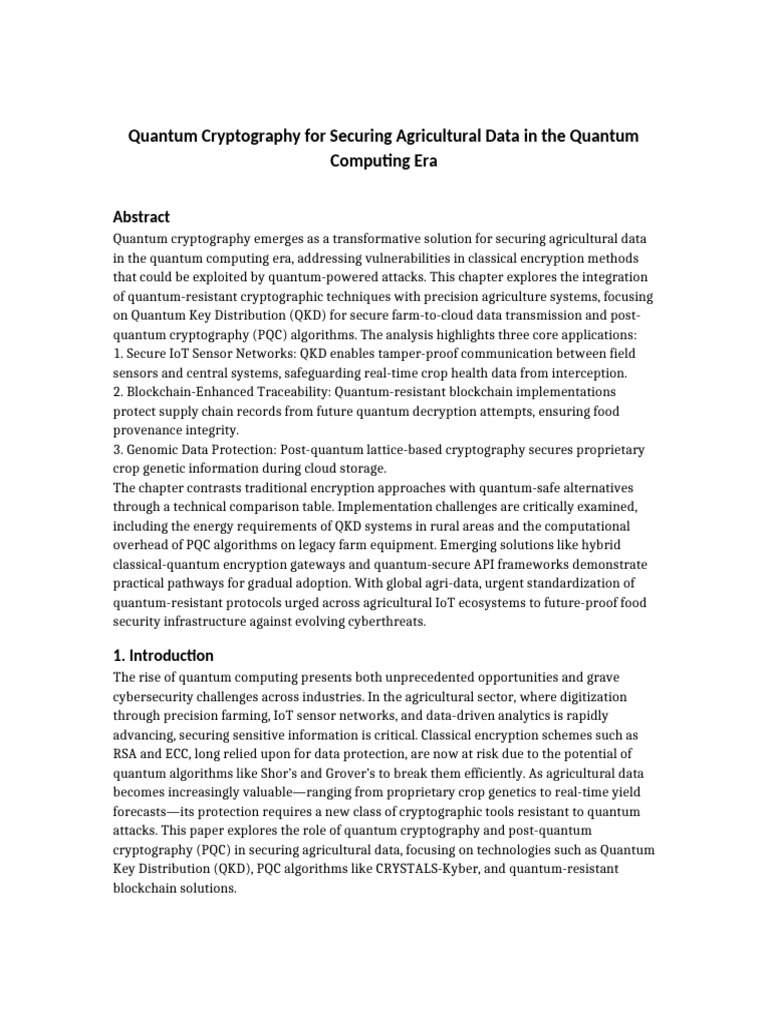 Quantum Cryptography Agricultural Data Complete With References | PDF | Encryption | Cryptography