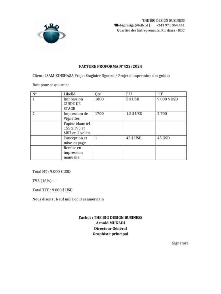 Facture Proforma N°422/2024 | PDF
