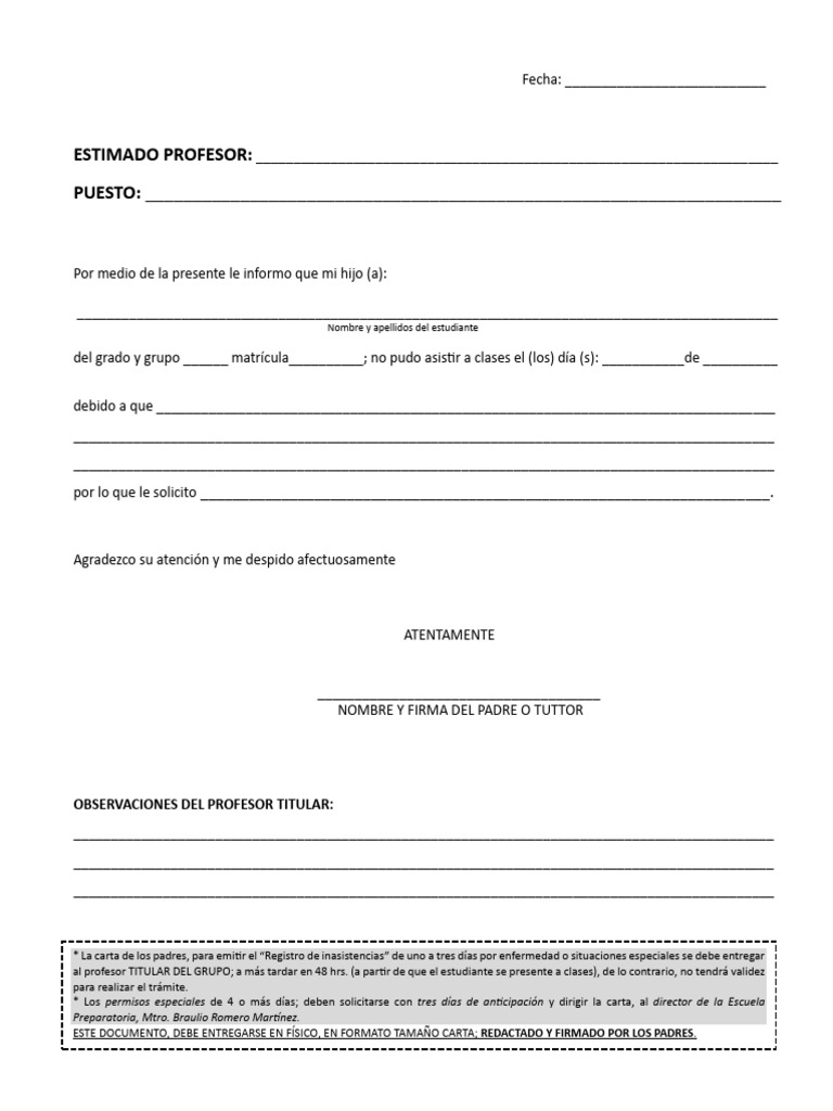 26-1 Formato Carta Padres, Aviso de Ausencias | PDF