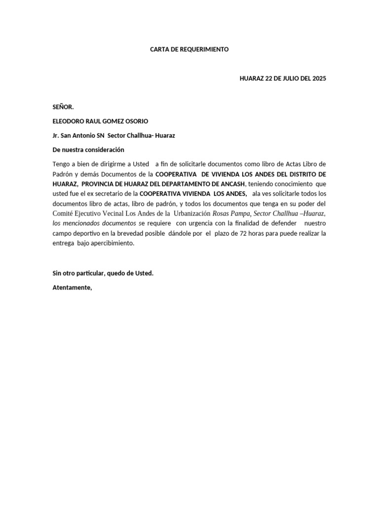 Carta de Requerimiento de Documentos A Raul Eleodoro | PDF