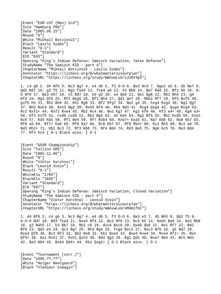 Games in The Samisch King's Indian Defence - Part 4 | PDF | Chess ...