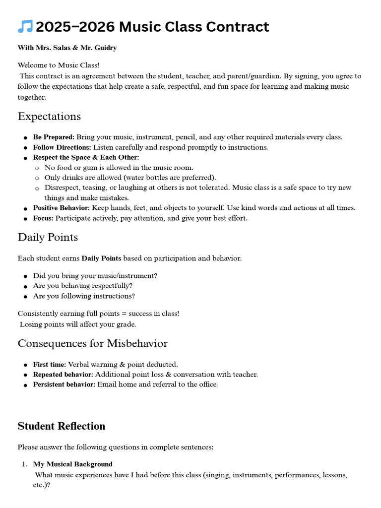 Music Class Contract 2025-2026 | PDF | Teachers | Human Communication