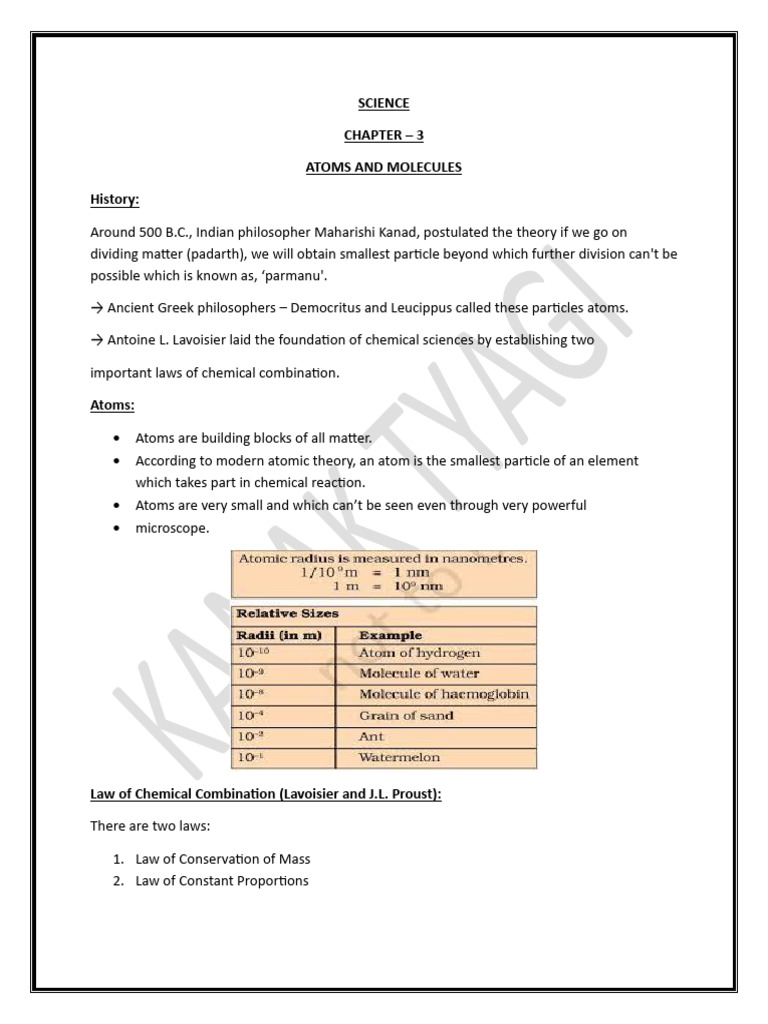 Science Class 9 Chapter 3 Atoms and Molecules | PDF | Ion | Chemical ...