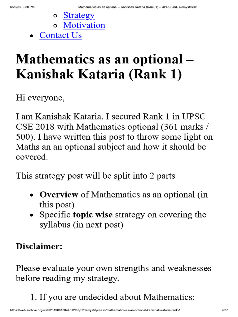 Kanishak Kataria's Maths Optional Strategy | PDF | Mathematics