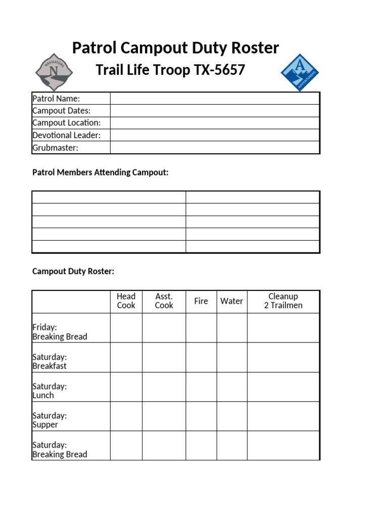 Patrol Campout Duty Roster Template | PDF