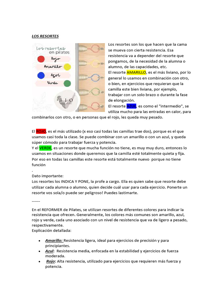 Tipos de resortes en Pilates y su uso | PDF