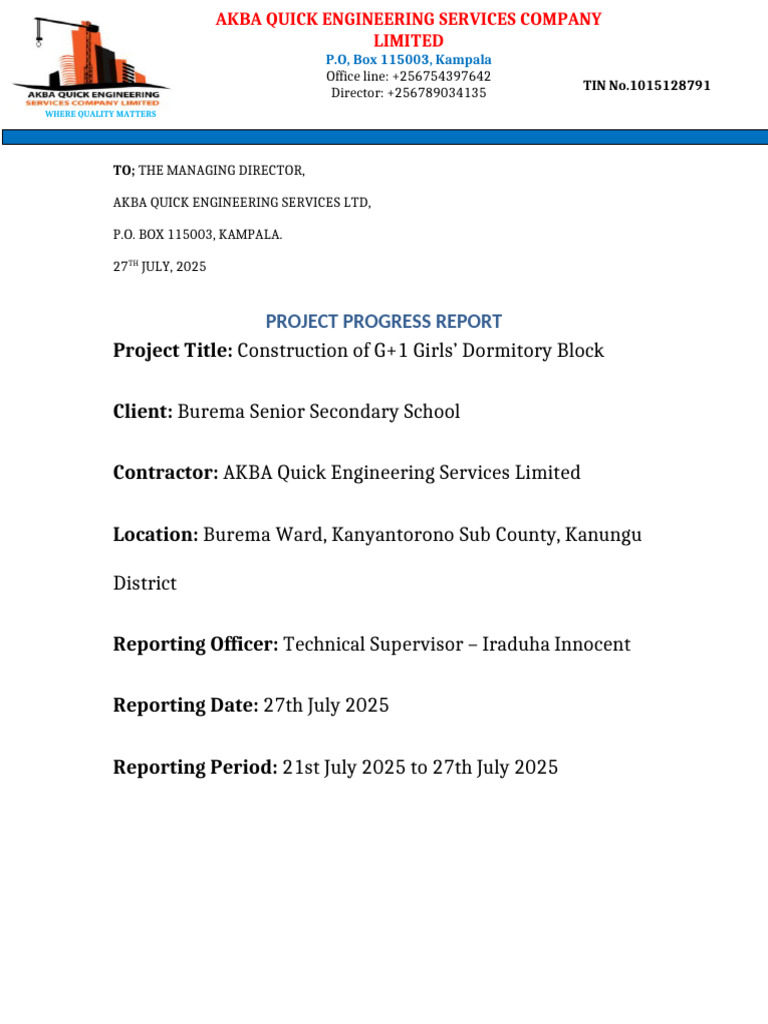 G+1 Girls' Dormitory Progress Report | PDF | Concrete | Building Materials