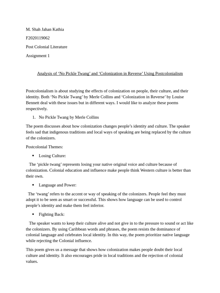 Postcolonial Analysis of Two Poems | PDF | Postcolonialism | Cultural ...