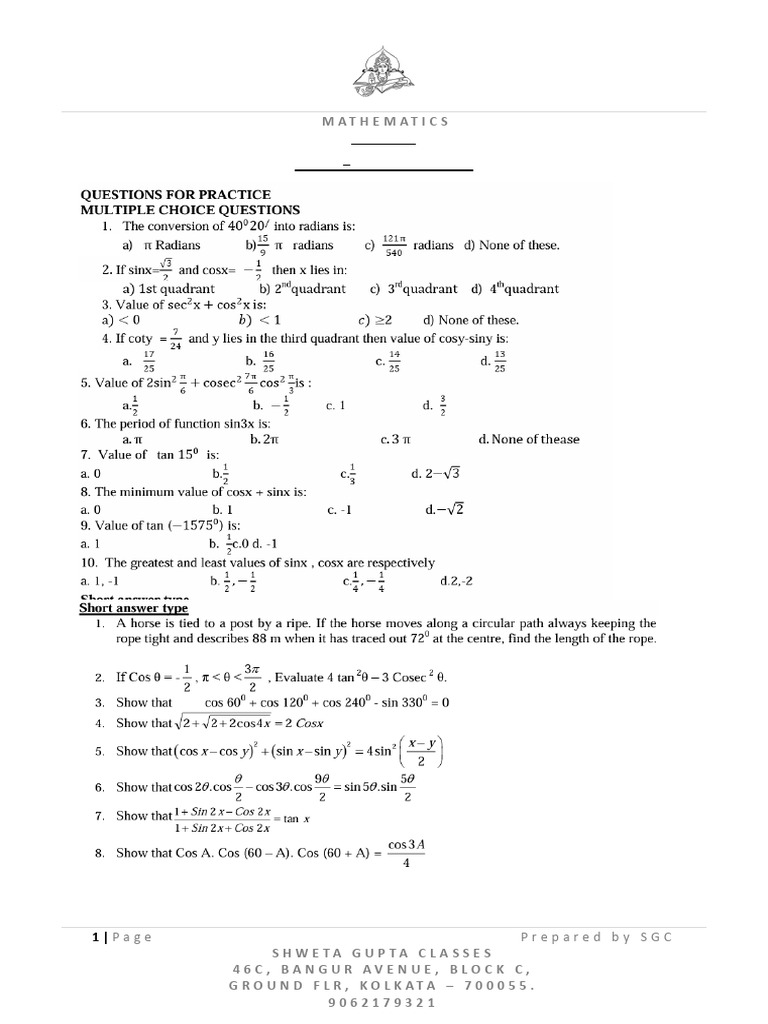 Maths 11 Trigonometry Practice Sheet | PDF