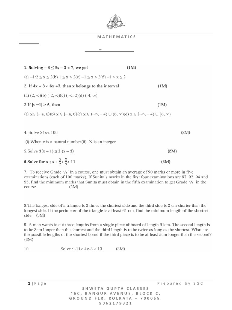 Maths 11 Inequalities Test 1 | PDF