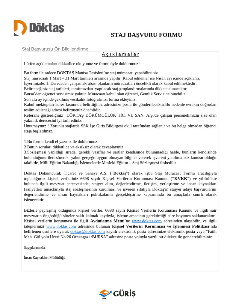 Staj Başvuru Formu | PDF