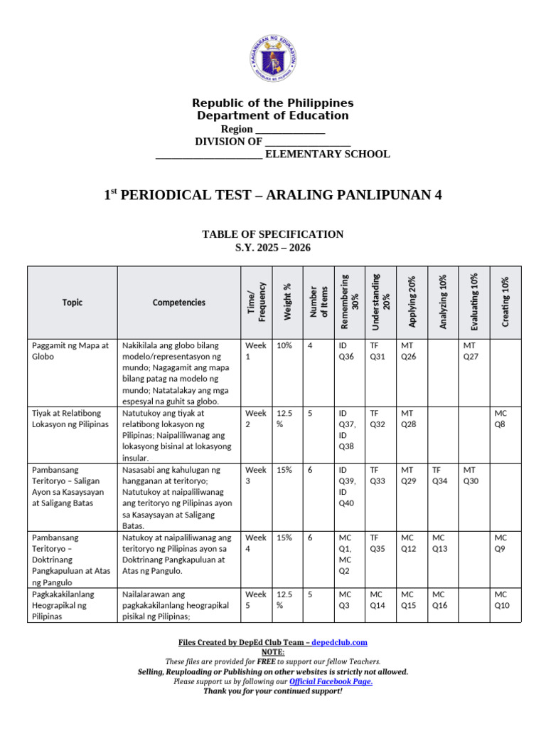 DTC - PT - Ap 4 - Q1 Matatag Tos Key | PDF