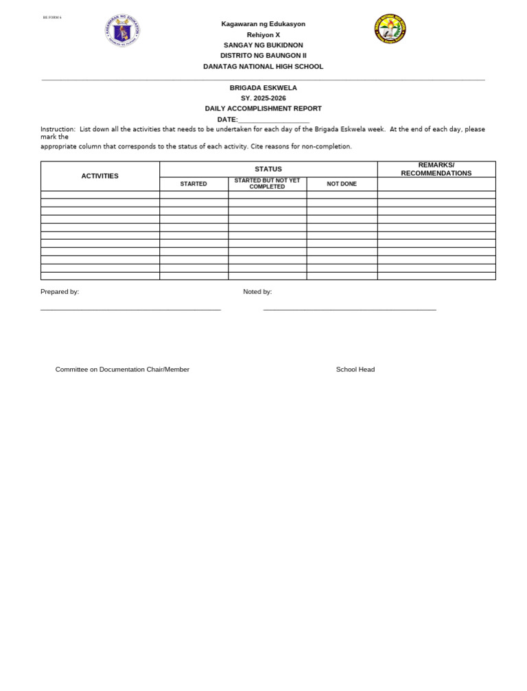 Brigada Eskwela Form 6 Daily Accomplishment Report | PDF