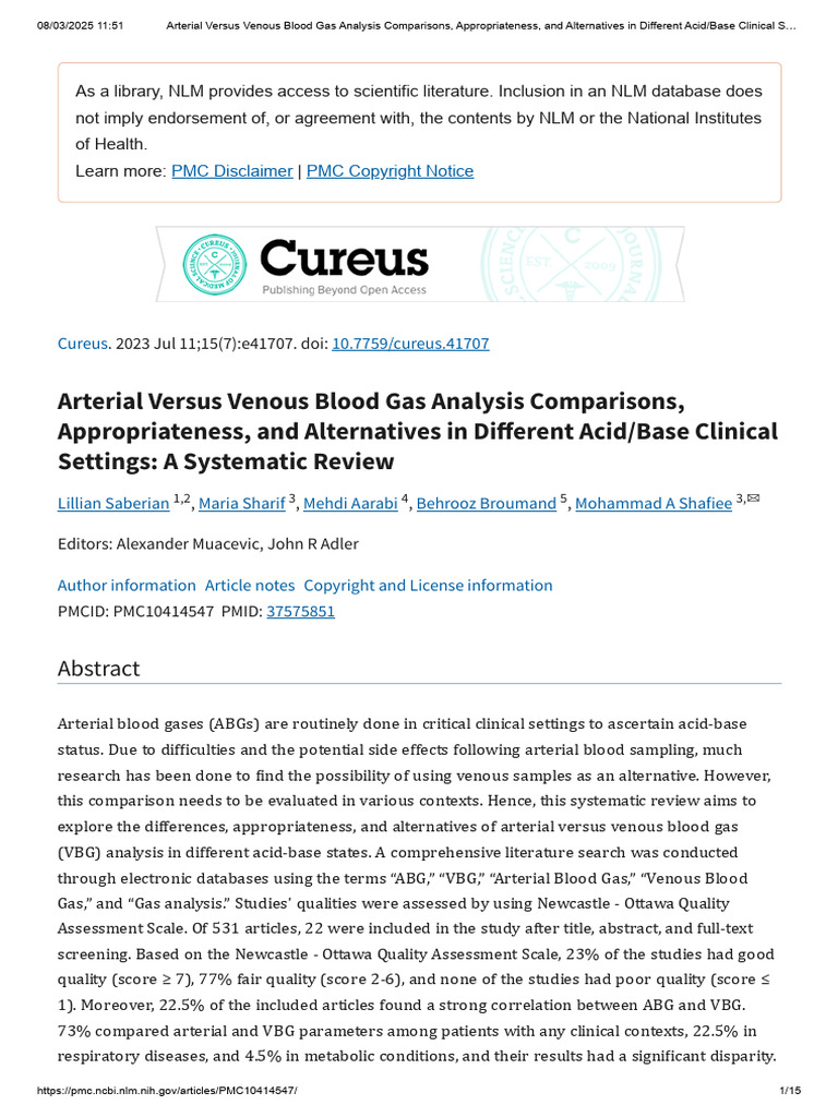 Arterial vs Venous Blood Gas Analysis | PDF | Medical Specialties ...