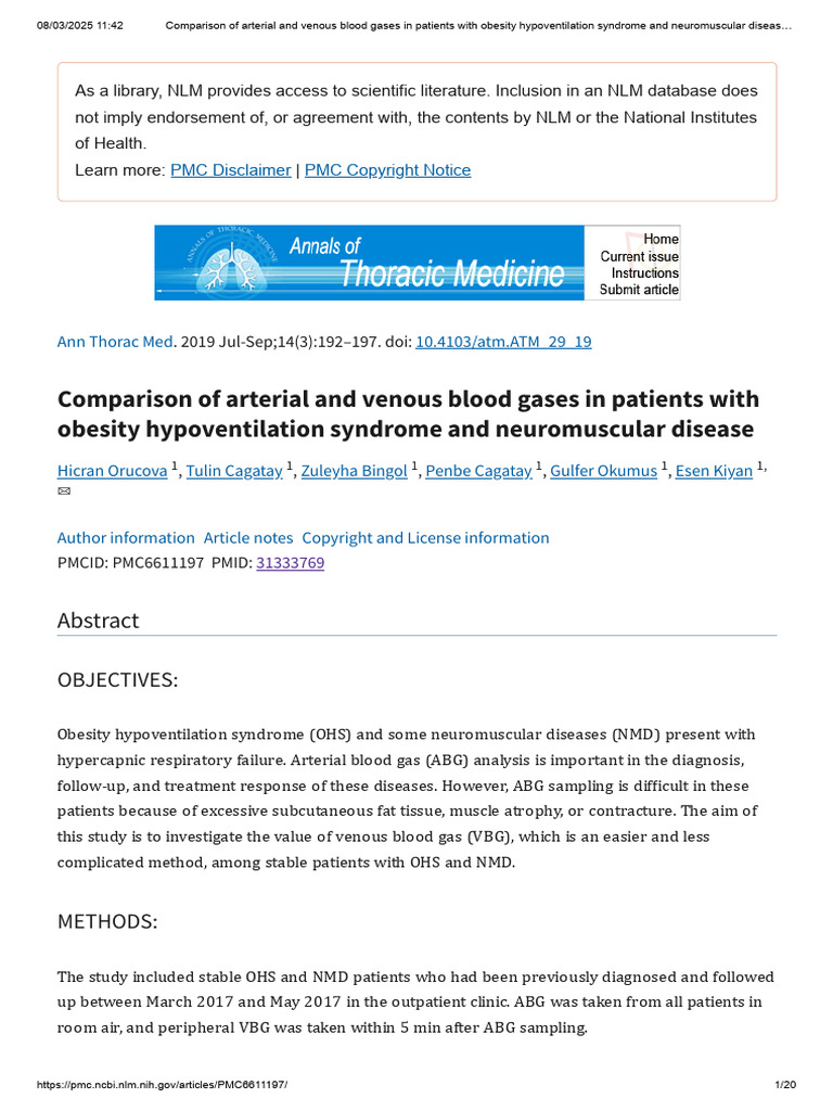 Comparison of Arterial and Venous Blood Gases in Patients With Obesity ...