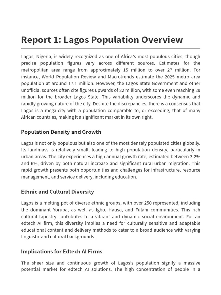 Report 1 Lagos Population Overview | PDF | Educational Technology | City