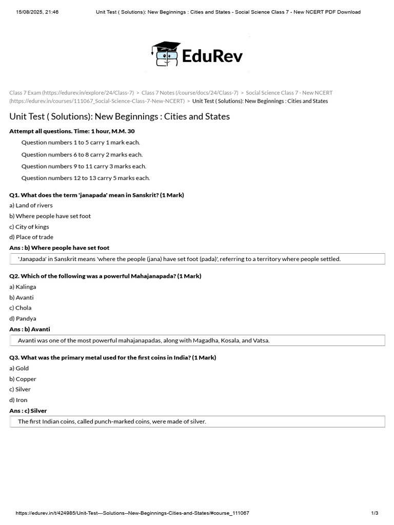 Unit Test (Solutions) - New Beginnings - Cities and States - Social ...