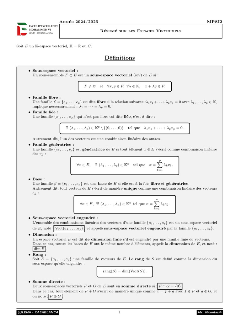 Résumé sur les Espaces Vectoriels | PDF | Base (algèbre linéaire ...