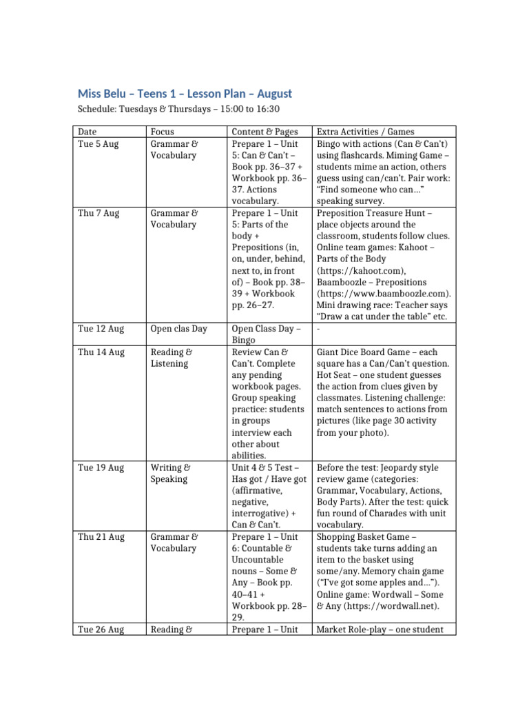 Teens1-August_Plan Miss Belu | PDF | Linguistic Morphology | Syntax