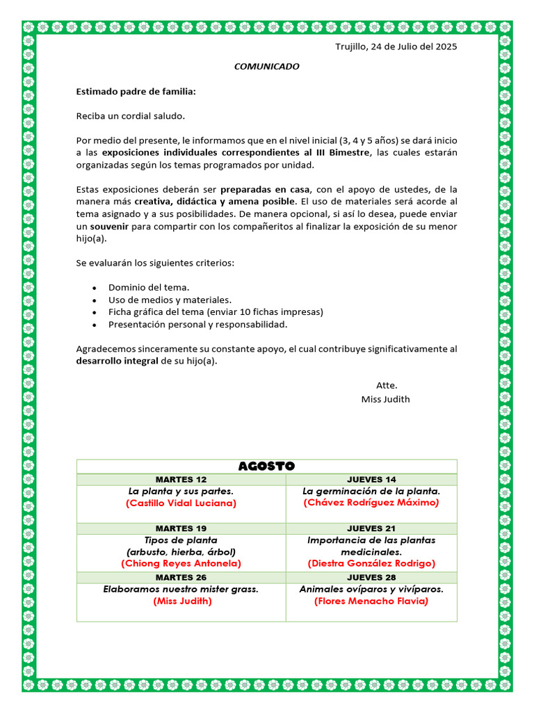 Comunicado III Bimestre - Exposiciones (1) | PDF