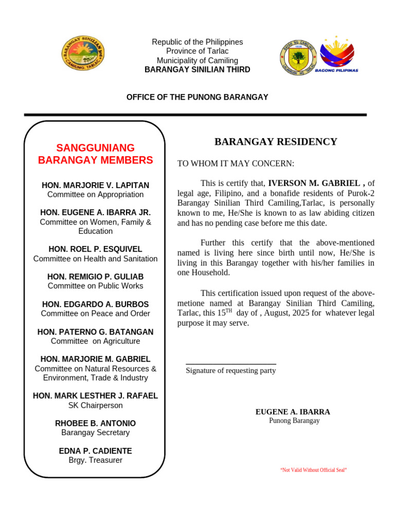 Barangay Residency Certification - Camiling | PDF